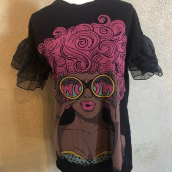 Minette | Tops | Minette Tshirt Med With Sheer Tiered Puff Sleeves Fun ...